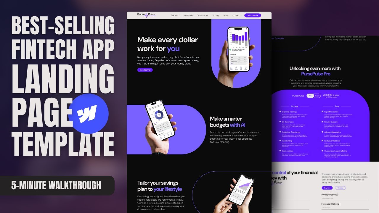 PursePulse - Fintech Mobile App/SaaS Landing Page Template for Webflow - Template Walkthrough