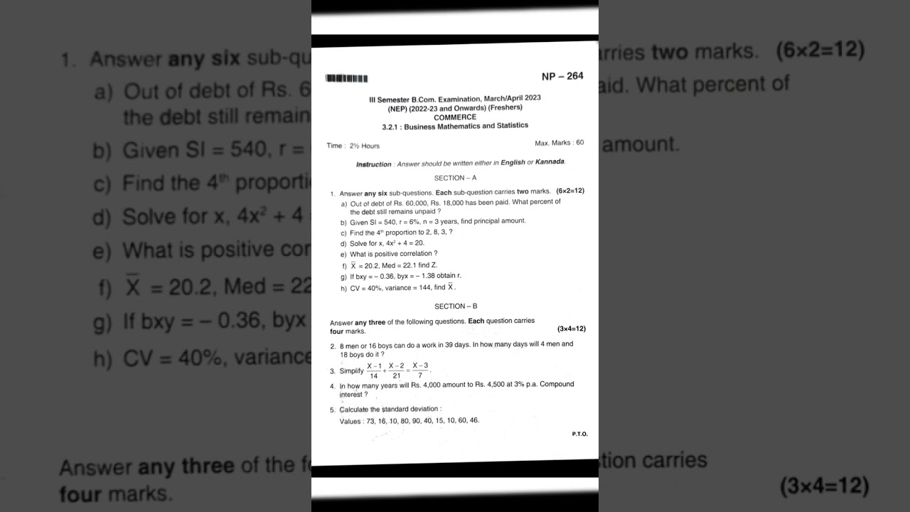 business mathematics and statistics 2023 question paper for 3rd sem bcom/bba students