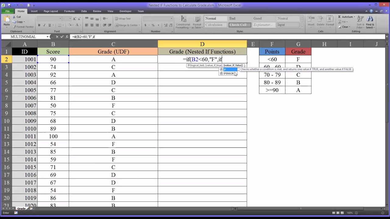 Nested IF Functions to Calculate Grades in Excel