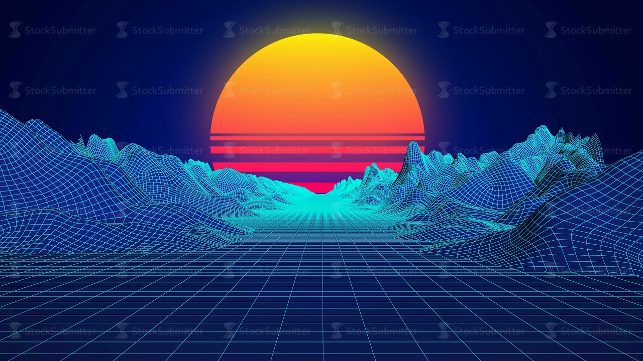 Synthwave wireframe landscape. Sun over the grid. 80s style retro futurism background. Retro wave