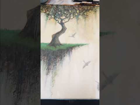 Bird Island Art acrylic painting Tree's Grass floating Bird's flying #surrealism #floatingisland