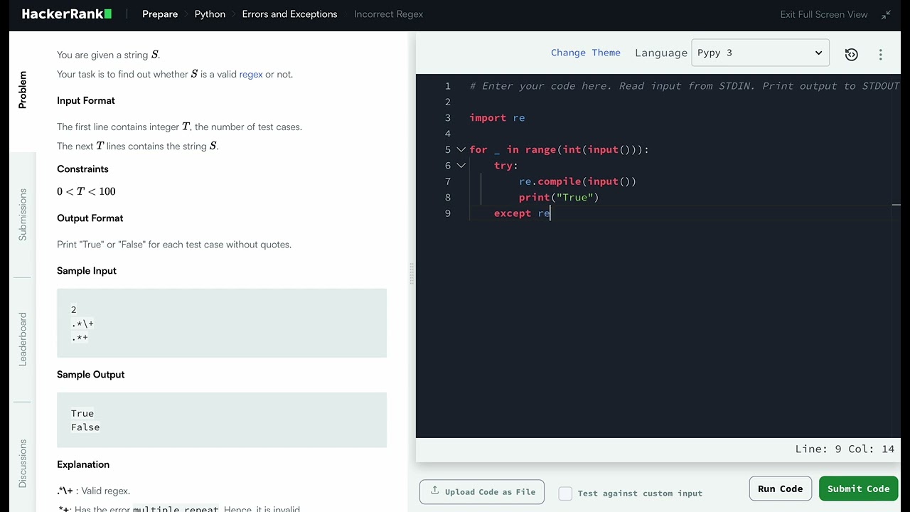 Hackerrank Python Solution #2 Errors and Exceptions - Python: Incorrect Regex