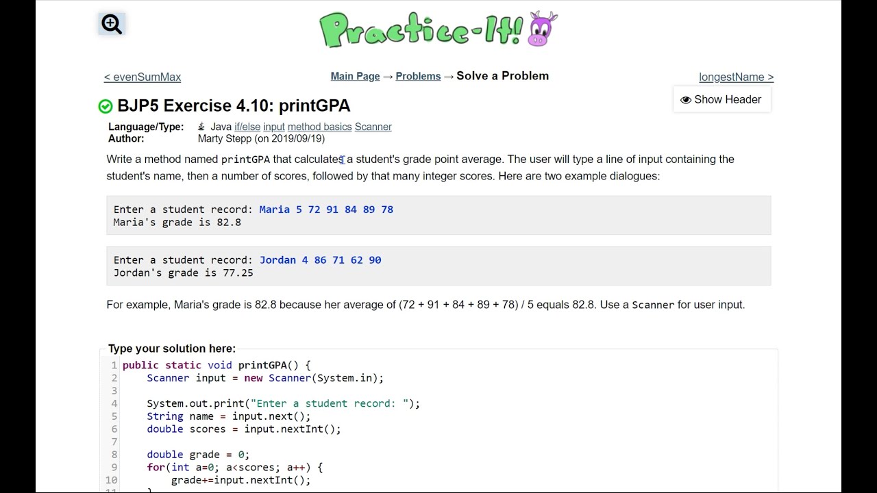 Java Practice It | Exercise 4.10: printGPA | for loop if/else input method basics Scanner