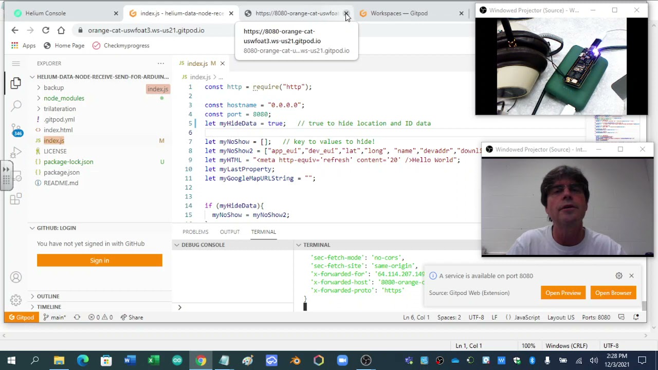 For Helium Sensor Developers only. Gitpod.io web browser shows Helium Console Integration JSON data