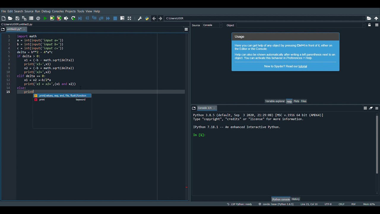Solve a second degree equation with python programing by using spyder in ANACONDA.
