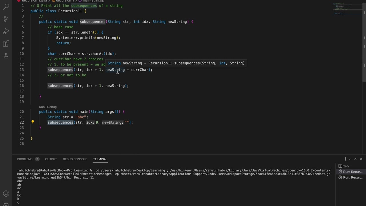 Java Recursion Function: Print all the subsequences of a string