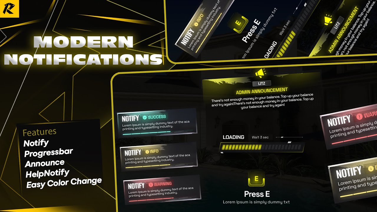 FiveM Notify Pack | Modern UI, Announcements, Help Notify & Progressbar Support