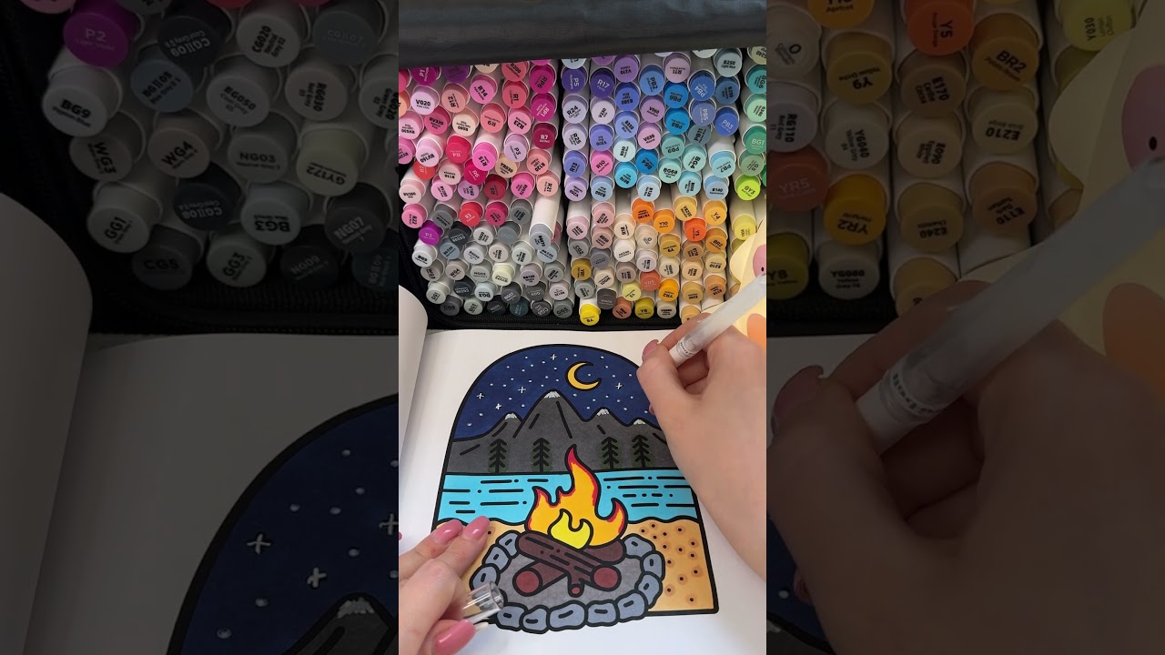 Cozy Campfire Coloring 🔥🌙 #coloring  #coloringbook  #satisfying  #markerart  #ohuhumarkers