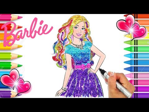 Barbie Rainbow Sparkle Dress and Rainbow Hair Coloring Page | Barbie Coloring Book | Glitter Art
