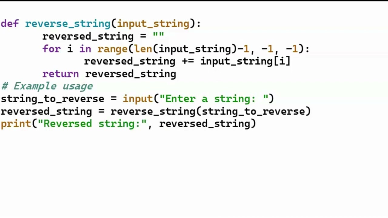 Python program to reverse a string without using any built-in string reversal functions.