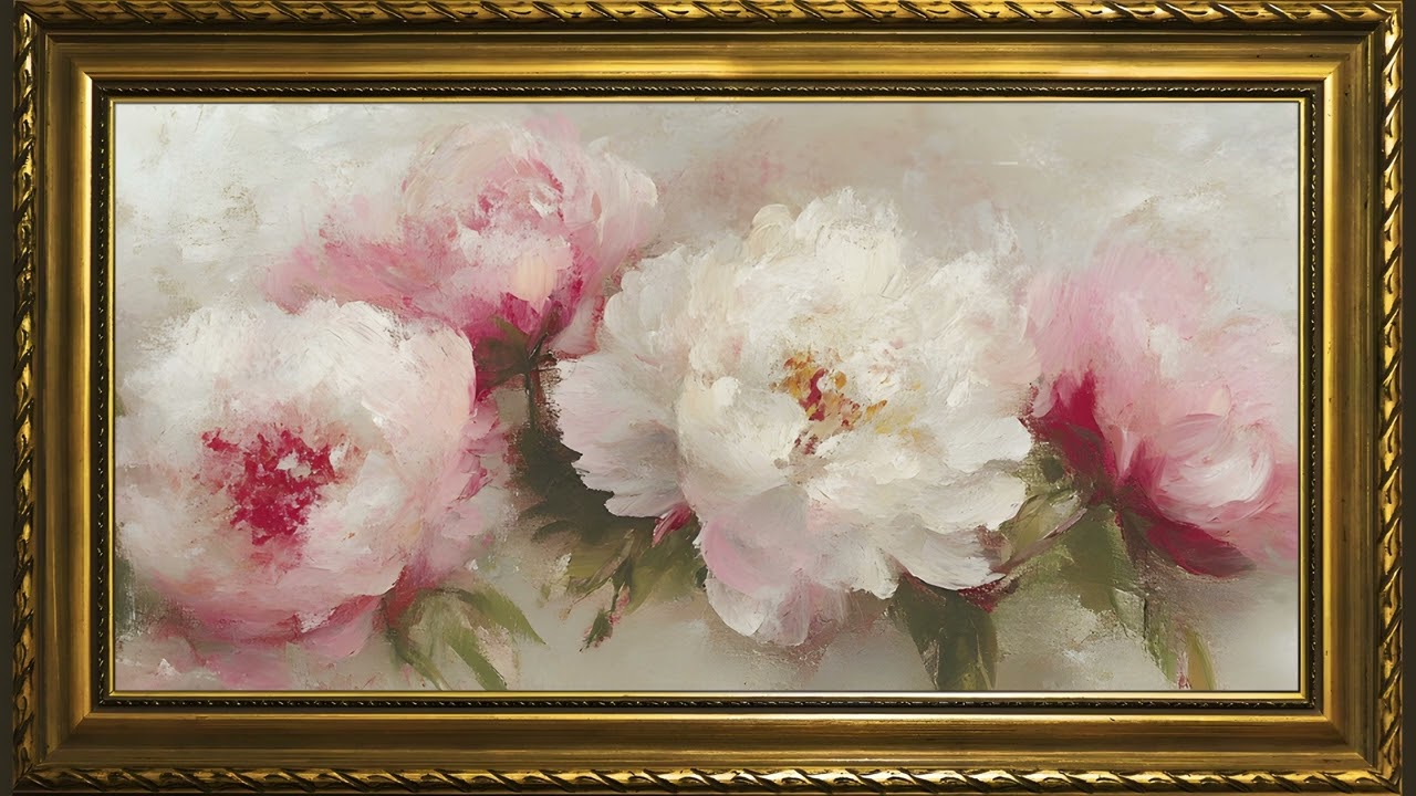 Wispy Pink and White Peonies, Vintage Valentines Oil Painting 4K | Framed Art Screensaver for TV