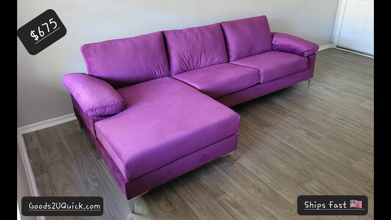 Modern Large Sectional Sofa L-Shape Couch with Silver Chrome Legs, Purple Sofa