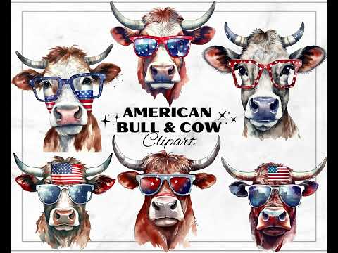 Cool American 4th July Bull & Cow with glasses, Watercolor Clipart for T-Shirt Design, Wall Art