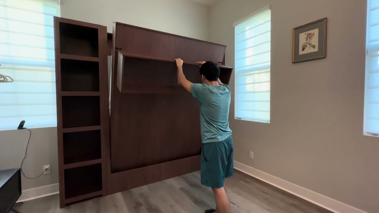 Oakland Living Easy-Lift Queen Murphy Wall Bed in Brown Wood Grain with Two Bookshelves