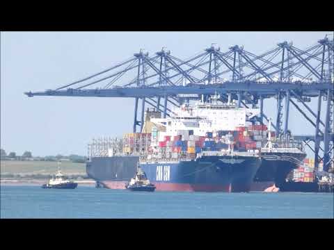 CMA CGM Nerval slips from Felixstowe Trinity 6 with the assistance of two Svitzer tugs 13th May 2019