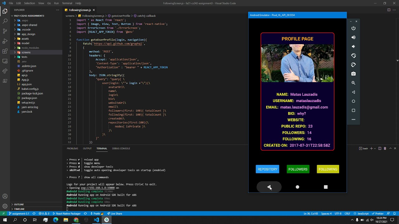 CS 242 Assignment 3.1 | Expo GitHub Android App Demo