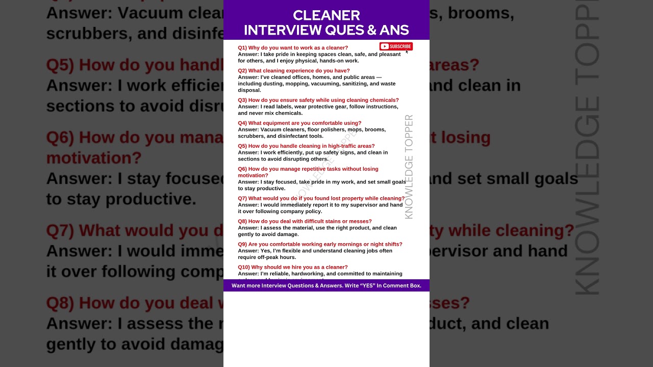 Cleaner Interview Questions and Answers | Cleaning Job Interview Questions and Answers