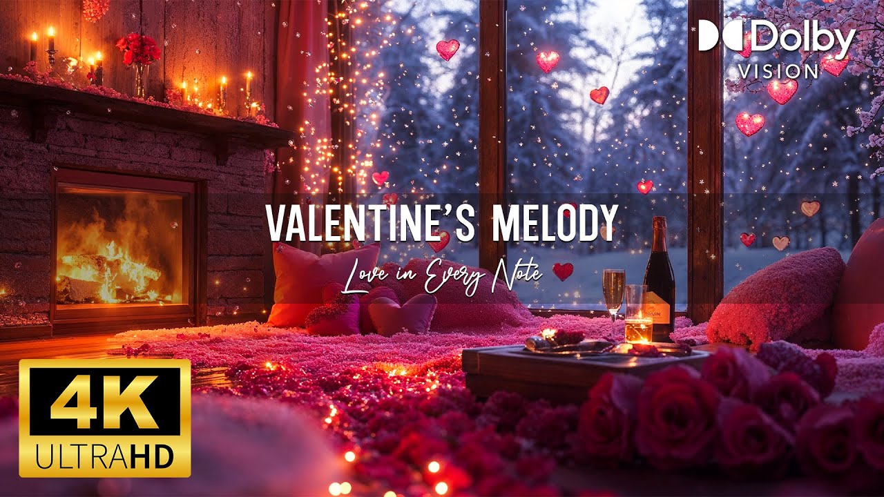 Cozy Valentine's Day Ambience ❤️ Romantic Snowy with Piano Music 🌹 Dolby Vision™ 4k Ultra HD 60fps