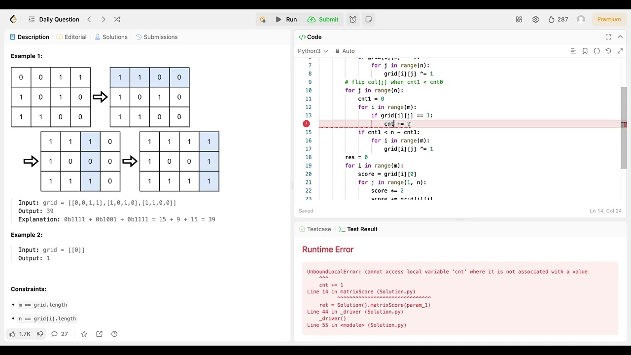 LeetCode DCC May 2024 - Day 13 - 861. Score After Flipping Matrix