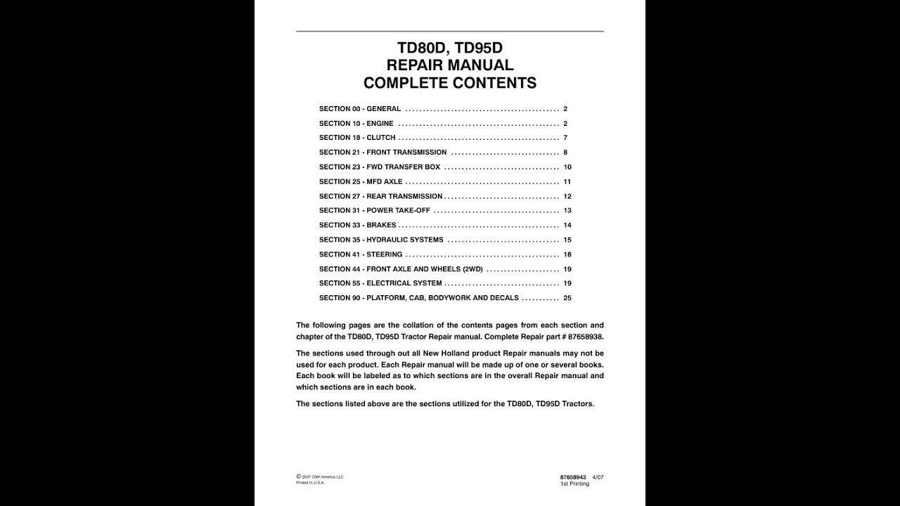 New Holland TD80D, TD95D Tractor | 87658943 Service manual