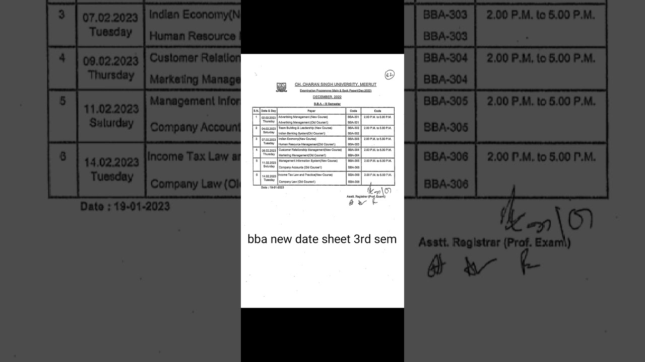 bba new update date sheet 3rd sem