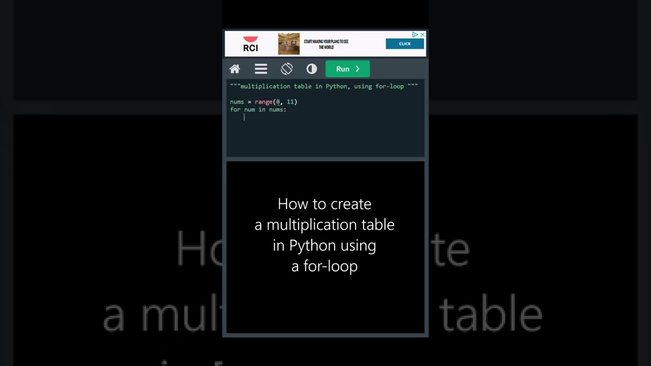 how to create multiplication table in Python using a for-loop, #shorts