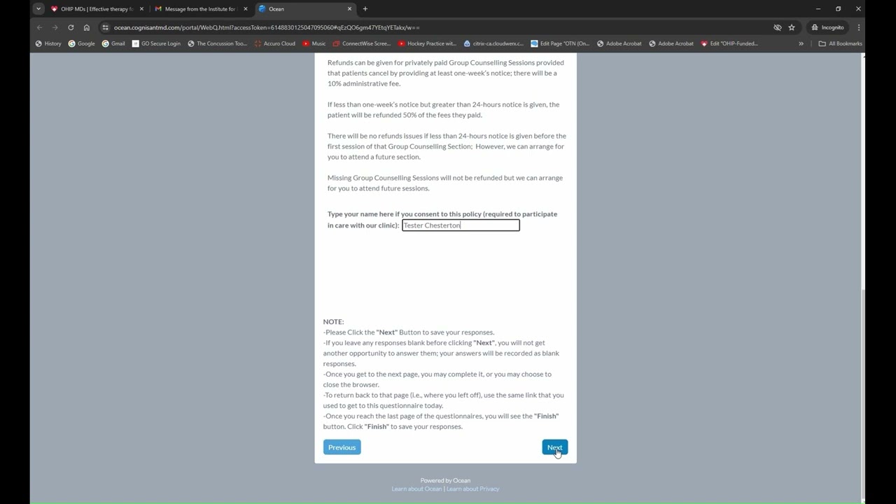 Completing pre-appointment (OceanMD) questionnaires