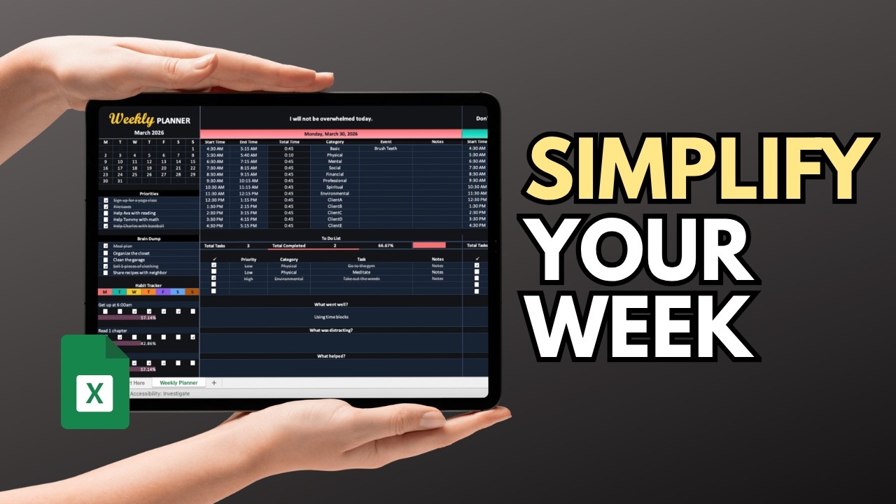 Simple Weekly Planner Excel Spreadsheet - Dark Mode
