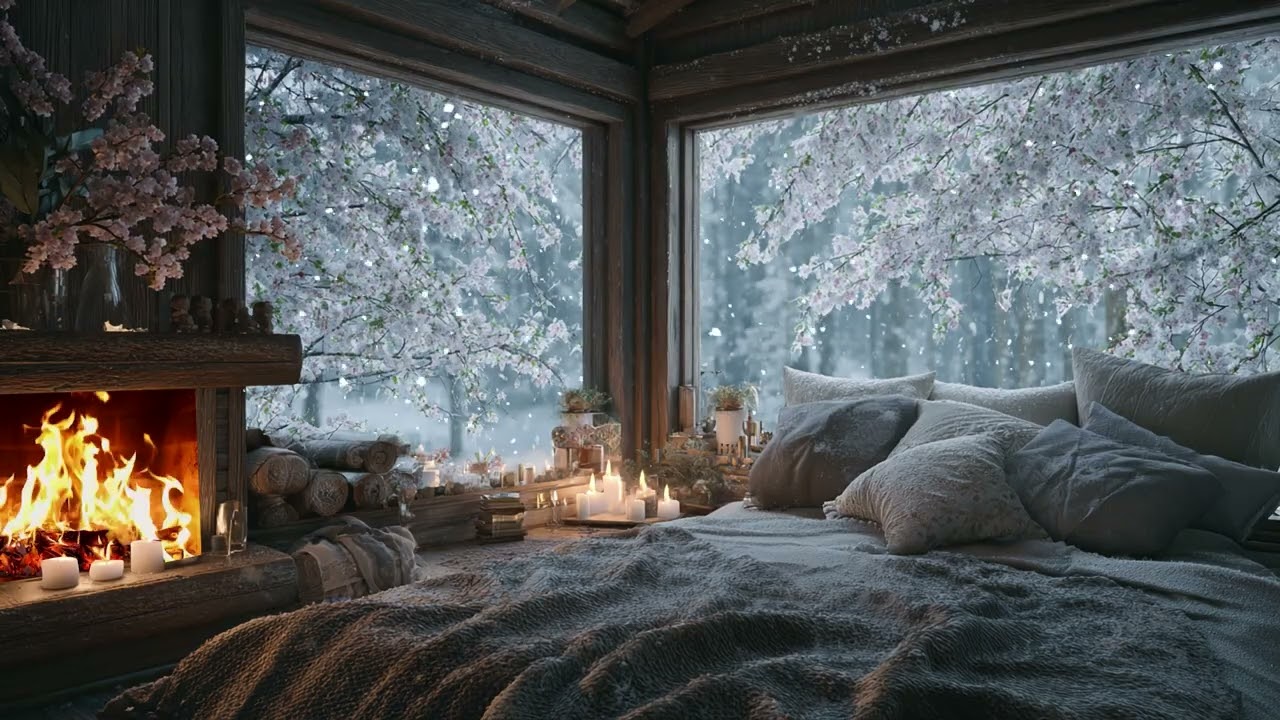 Cozy Winter Bedroom Ambience with Snowy Forest View-Fireplace & Wind Sounds for Sleep and Relaxation