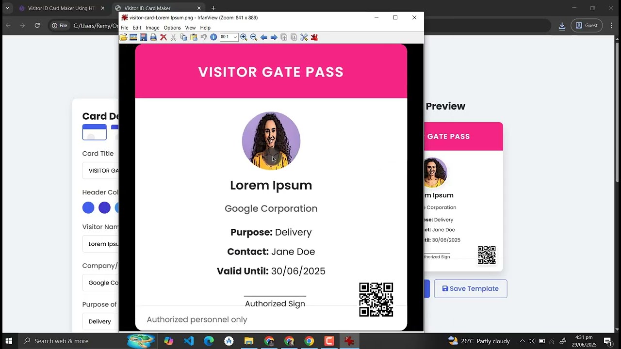 Visitor ID Card Maker Using HTML, CSS and JavaScript with Souce Code
