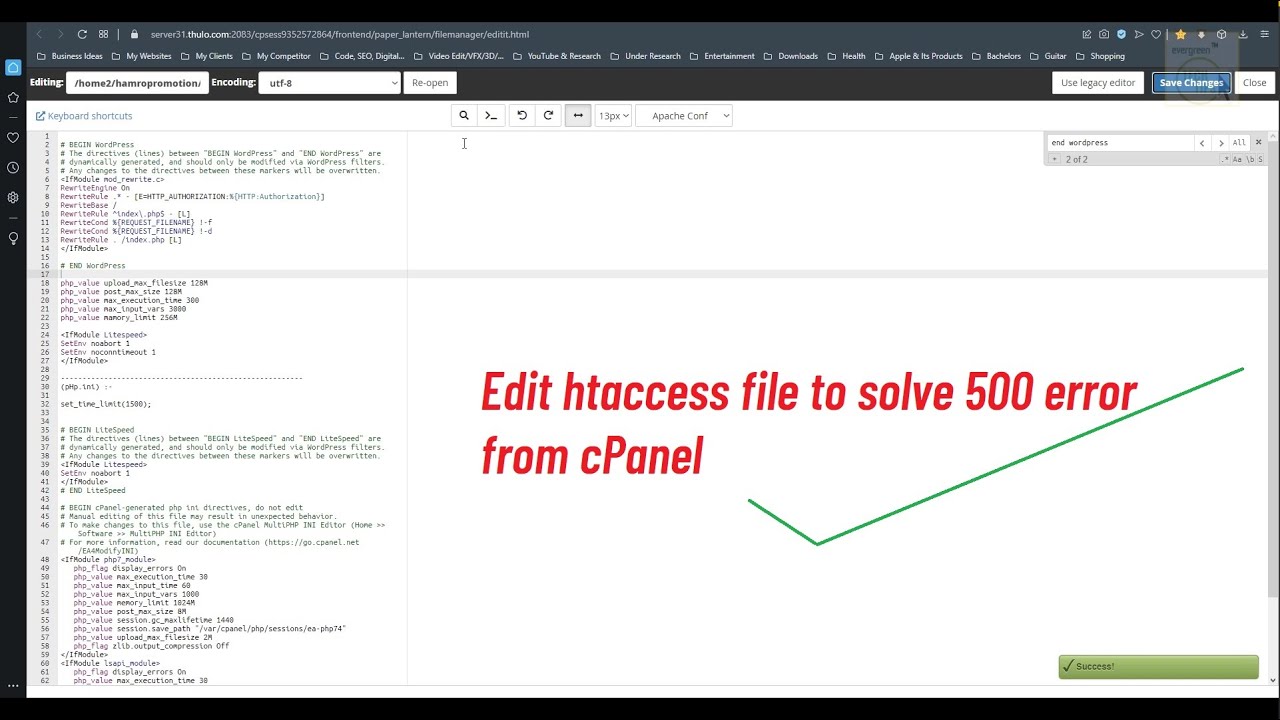 500 Request Timeout Solution by editing htaccess from cpanel for the wordpress website