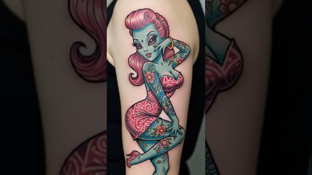 Alien pinup tattoo designs available from Tattoo Metaverse #tattoo #alien #tattooidea #DreamScreenAI