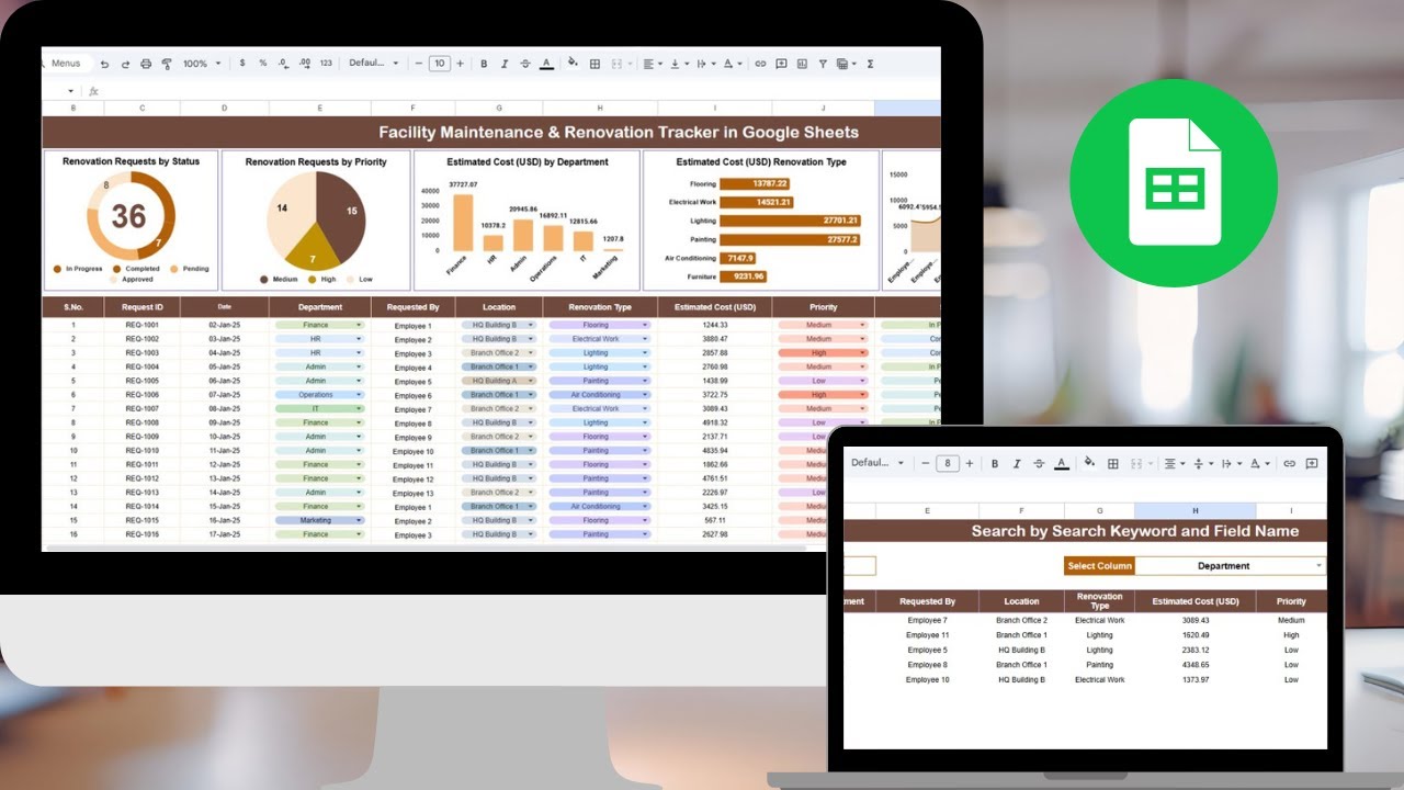 Facility Maintenance & Renovation Tracker in Google Sheets