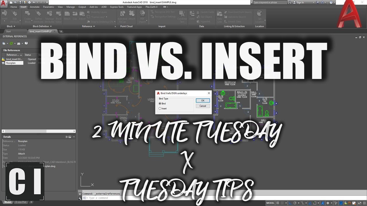 AutoCAD How To Bind or Insert External References - What's the Difference?  - 2 Minute Tuesday