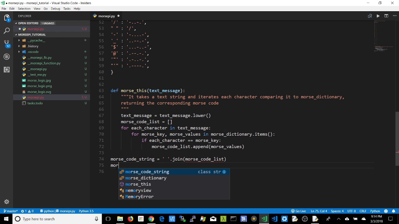 Morse Code Python 3 Module - sequential script into a function - (clip_2)