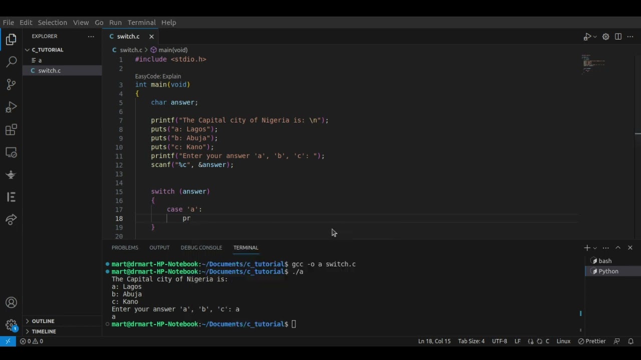 Switch statement in C - Quiz app prototype