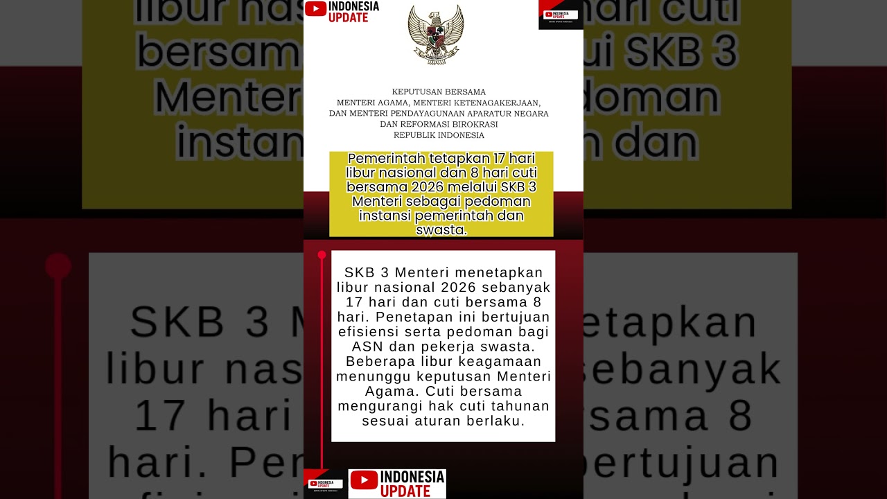 Inilah  Surat Keputusan Bersama (SKB)  3 Menteri Libur Nasional dan Cuti Bersama 2026