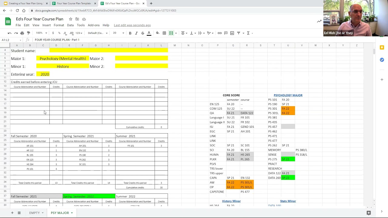 Creating a Four Year Academic Plan in Google Sheets 2021