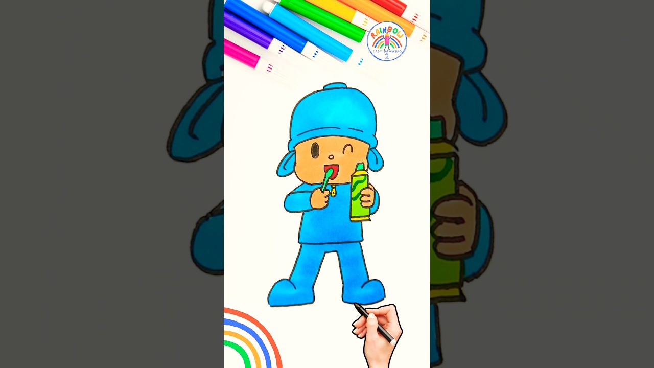 Draw and Color Pocoyo | How to Draw Pocoyo Brushing Teeth 🌈👶🏻 #pocoyo #drawing #shorts