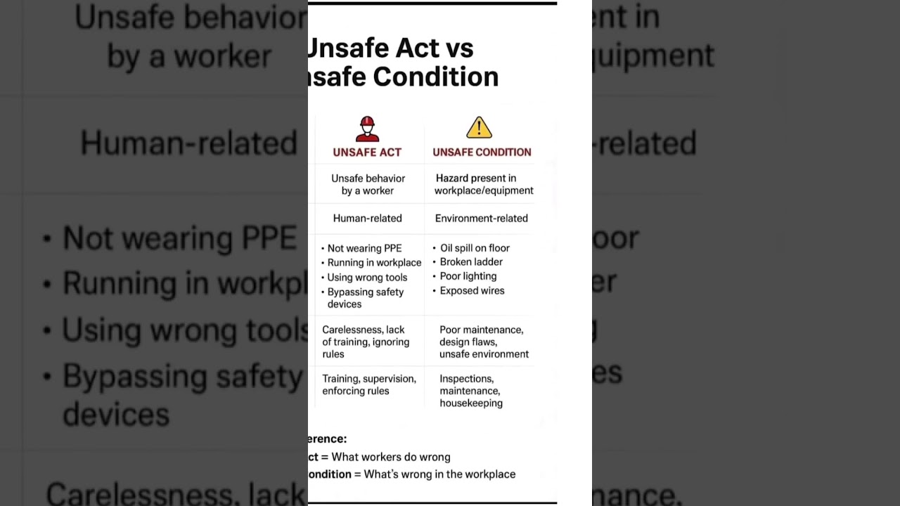 Difference between unsafe act and unsafe condition #hse #safety #hseprofessionals