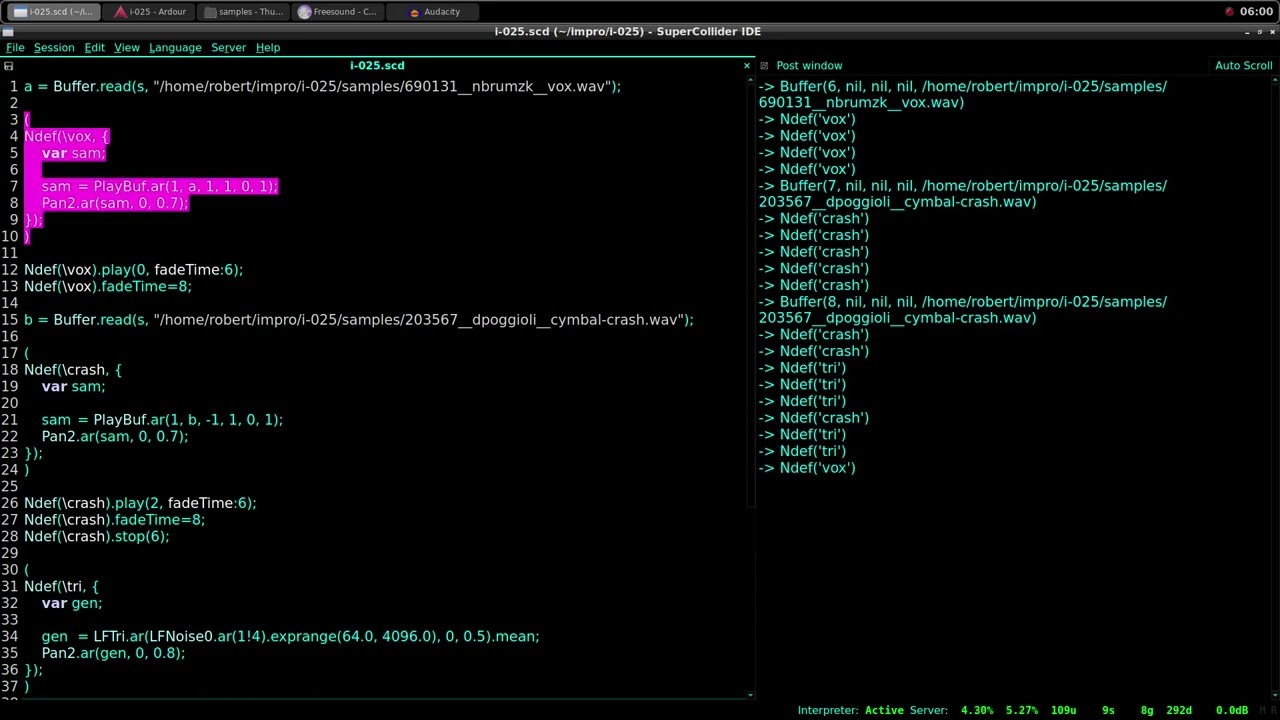 Electroacoustic Improvisation 025 (Live coding with Supercollider)