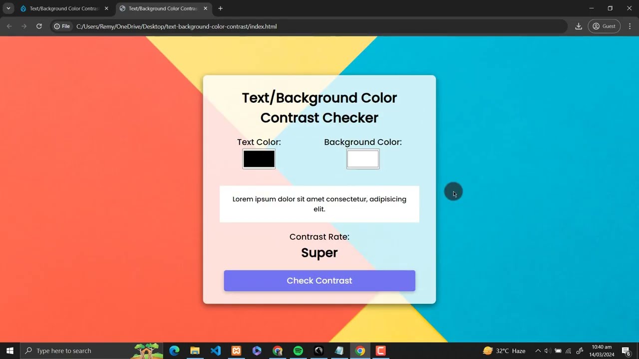 Text/Background Color Contrast Checker Using HTML, CSS and JavaScript with Source Code