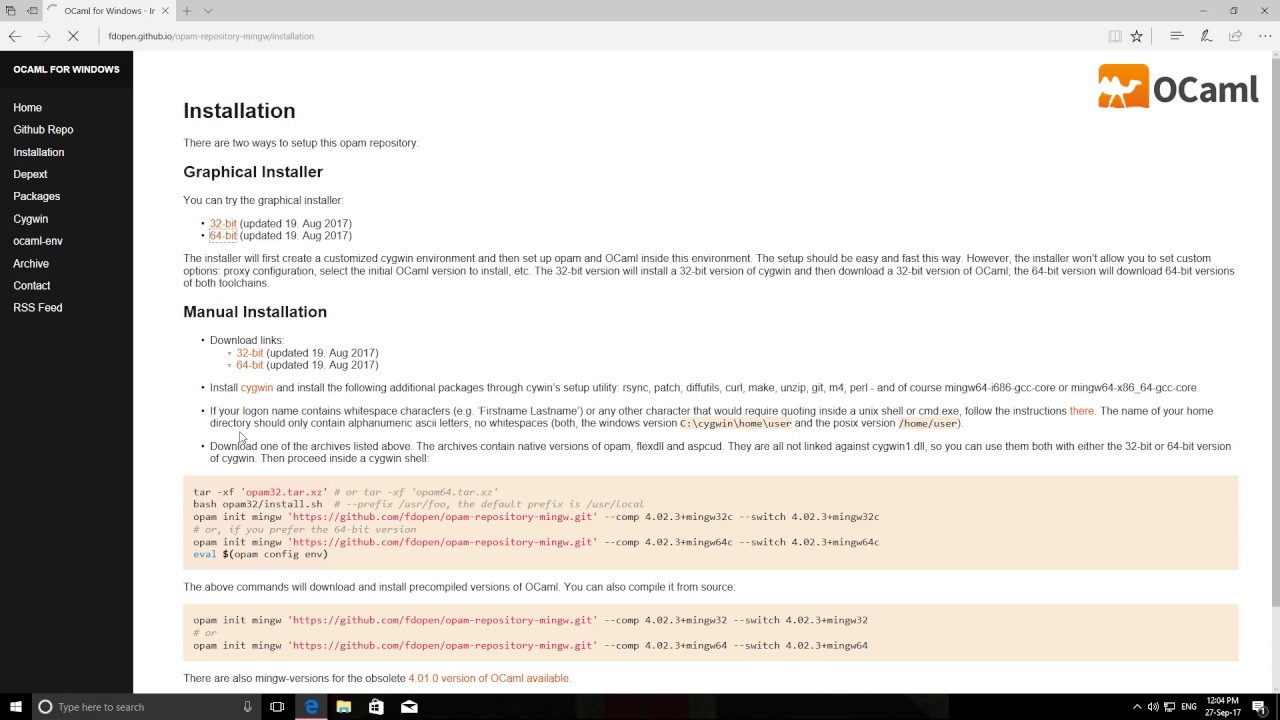 Install Ocaml with VS Code on Windows