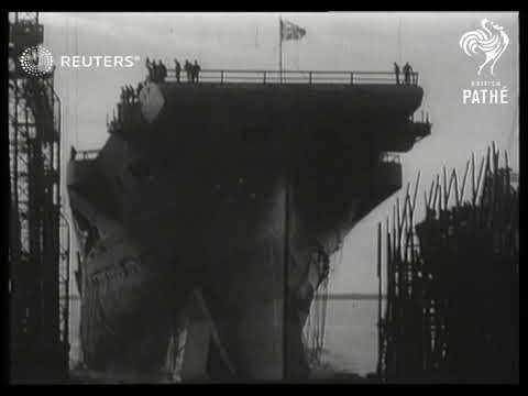 Launching of new RN aircraft carrier, HMS Illustrious (1939)