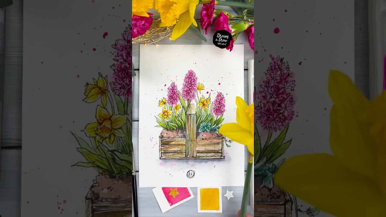 🌸 Draw Spring Flowers. Watercolor Hyacinths and Daffodils Sketch