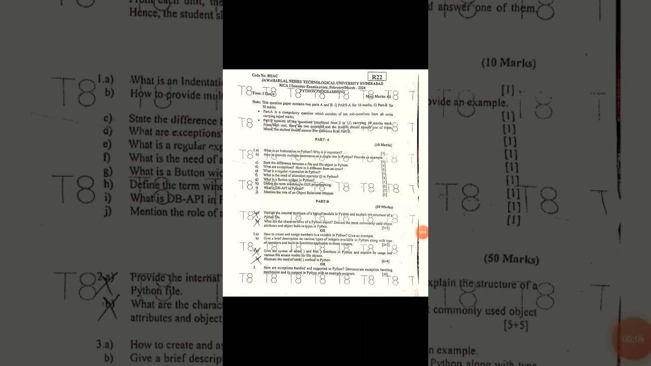 MCA Jntuh Sem-I Python Programming question paper 2024#jntuhyderabad#previousyearquestions