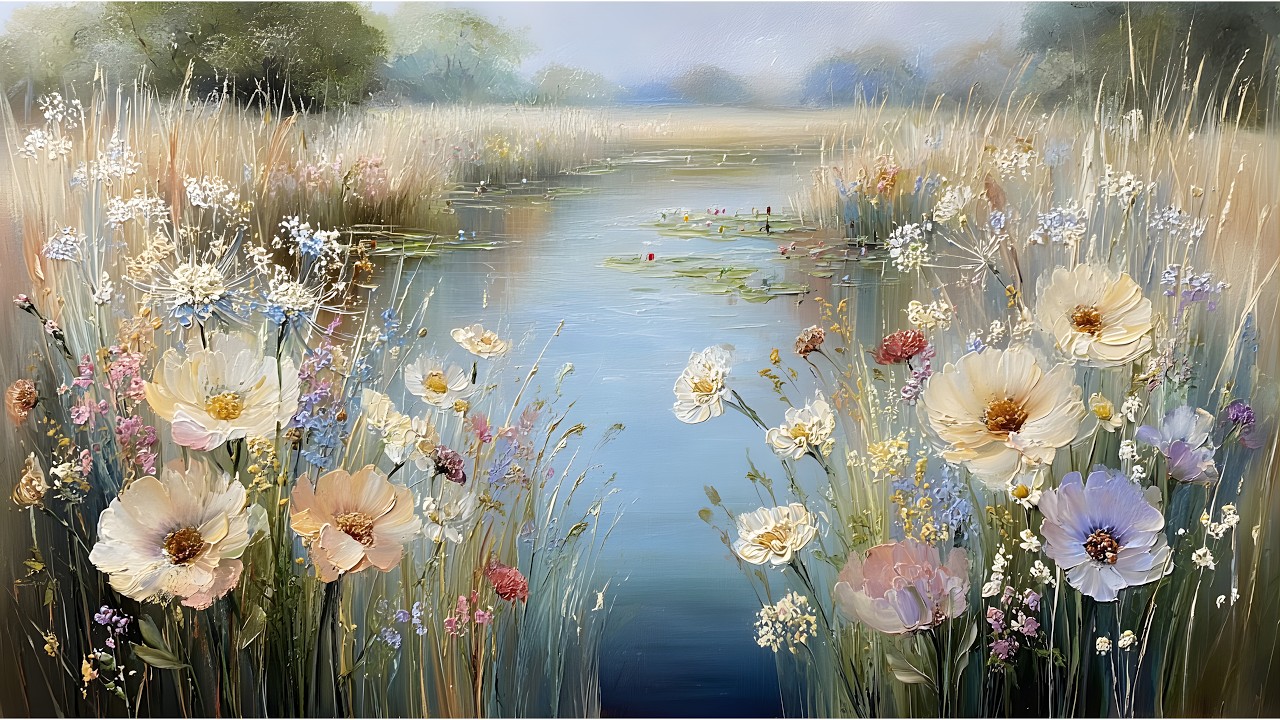 Soft Floral Lake Painting | Nature Landscape Art | Elegant Canvas Wall Decor