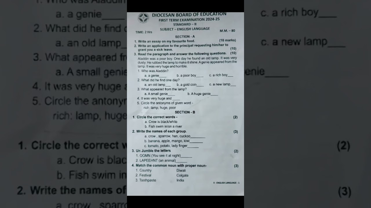 ICSE Class 2nd# English Language #First term sample paper