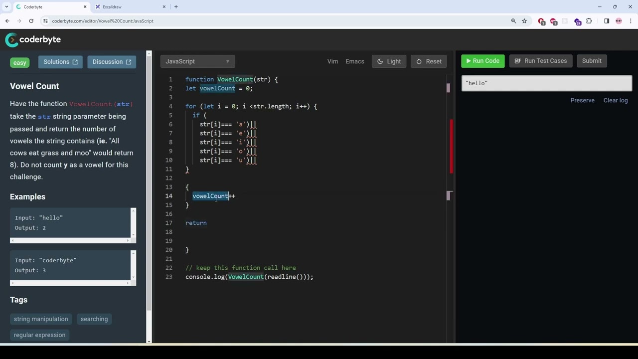 Coderbyte | Vowel Count | Easy | Solution with JavaScript