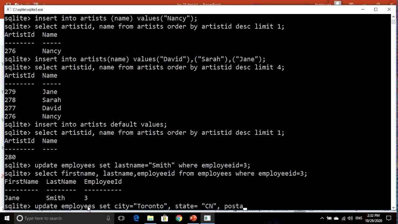 Dml (insert, update, delete) tcl (commit, rollback) practice in Sqlite.